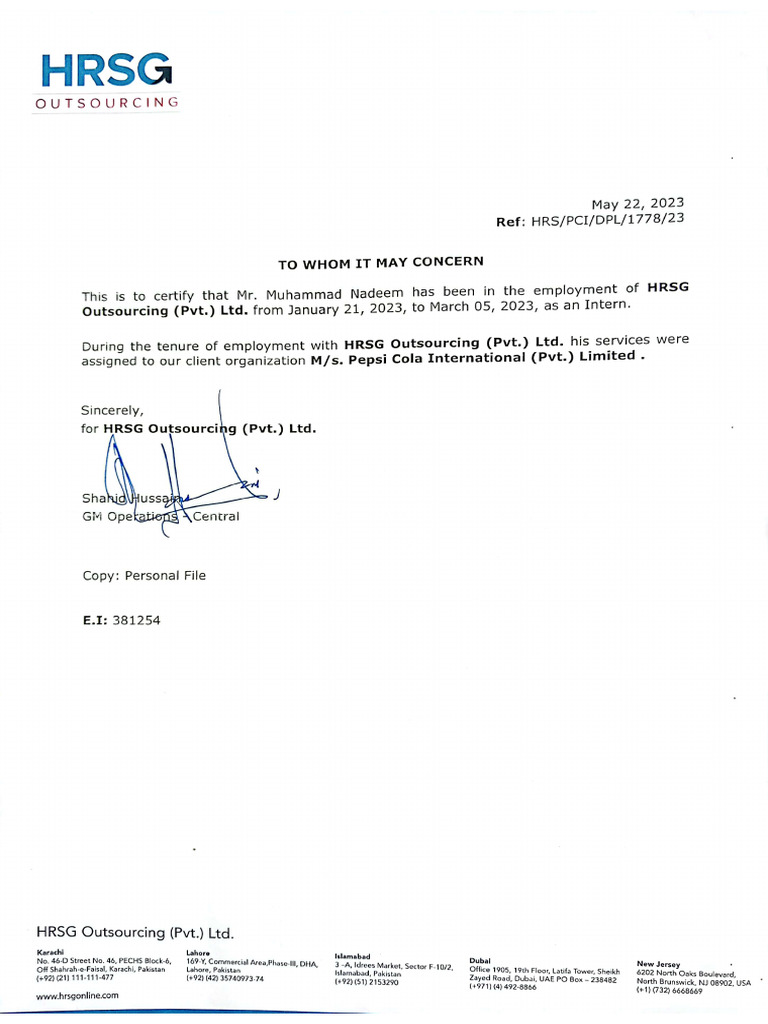 Employment Certificate of Muhammad Nadeem | PDF