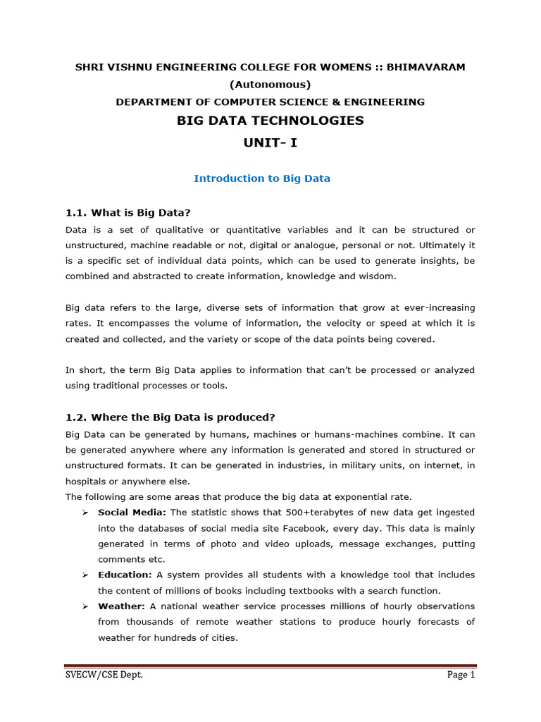 01 Unit-I Introduction To Big Data | PDF | Big Data | Machine Learning 01 Unit-I Introduction To Big Data | PDF | Big Data | Machine Learning