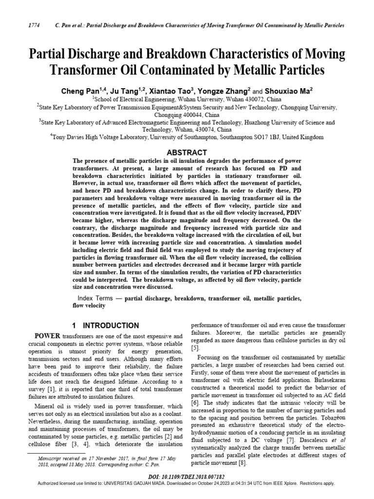Partial Discharge and Breakdown Characteristics of Moving Transformer Oil Contaminated by ...