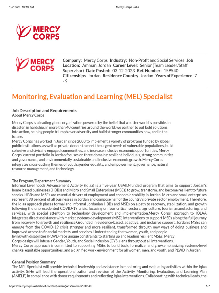 Mercy Corps Jobs Monitoring, Evaluation and Learning (MEL) Specialist ... Mercy Corps Jobs Monitoring, Evaluation and Learning (MEL) Specialist ...