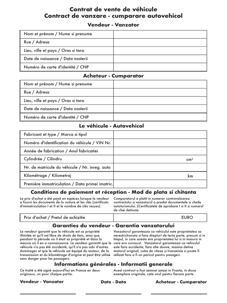 Contrat de vente de véhicule bilingue | PDF | Voitures | Biens manufacturés