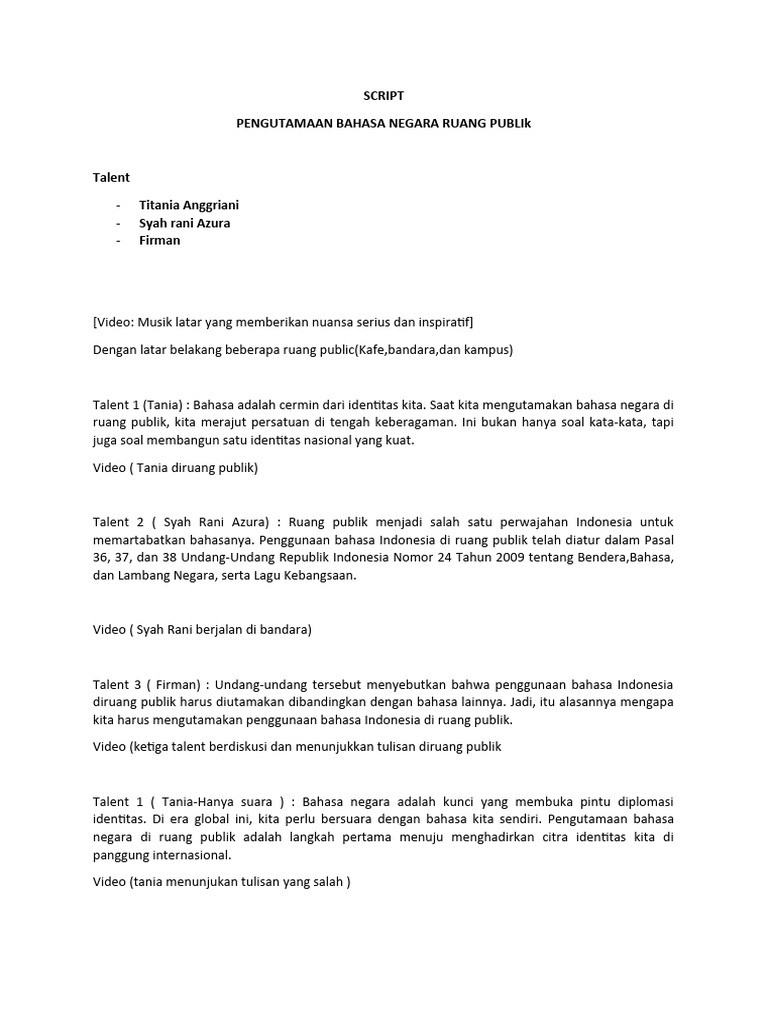 Script (Pengutamaan Bahasa Negara Di Ruang Publik) | PDF | Seni & Disiplin Bahasa | Kajian ...