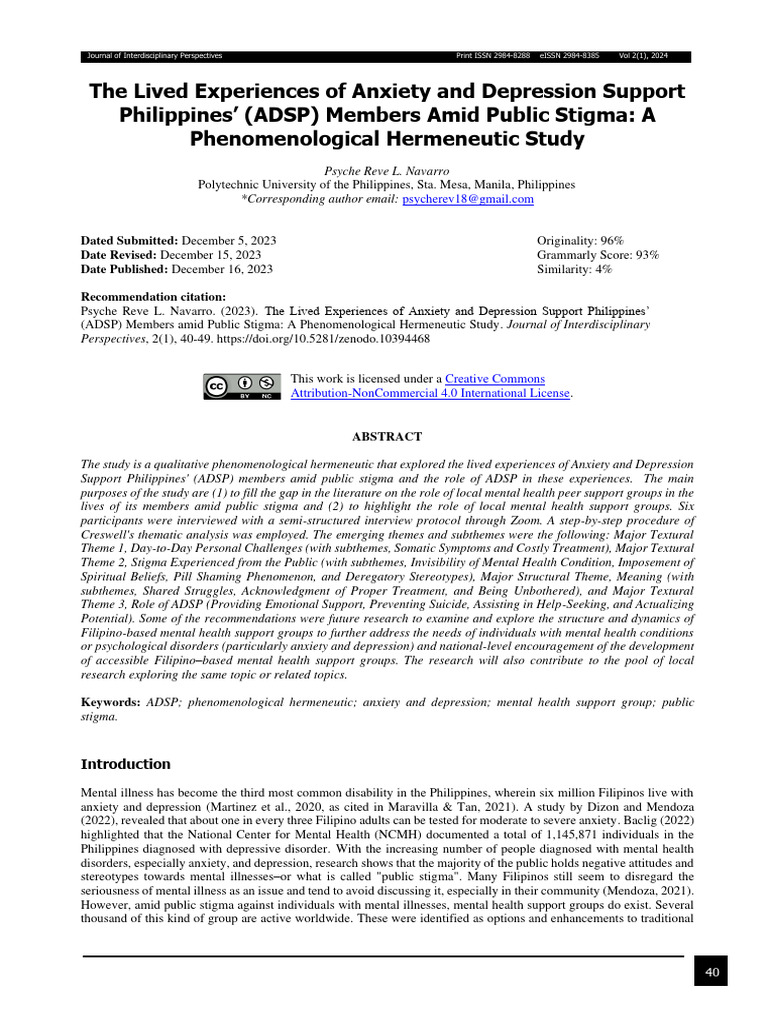The Lived Experiences of Anxiety and Depression Support Philippines' (ADSP) Members Amid Public ...