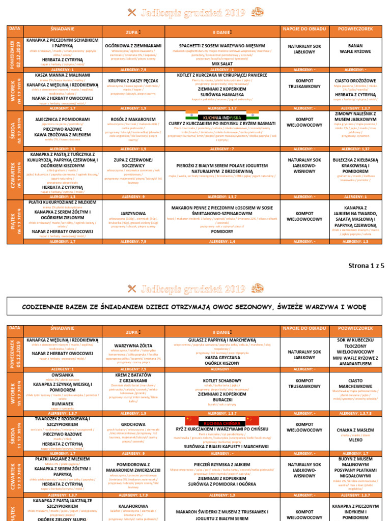 Jadłospis Grudzień 2019 P424 | PDF