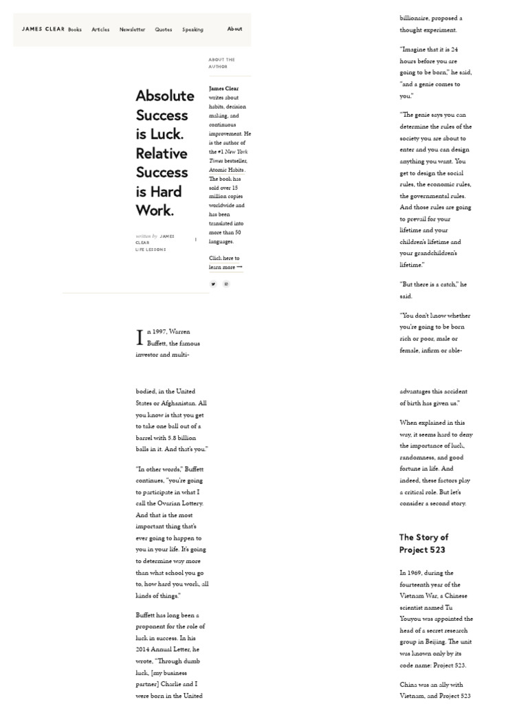 Absolute Success Is Luck. Relative Success Is Hard Work | PDF