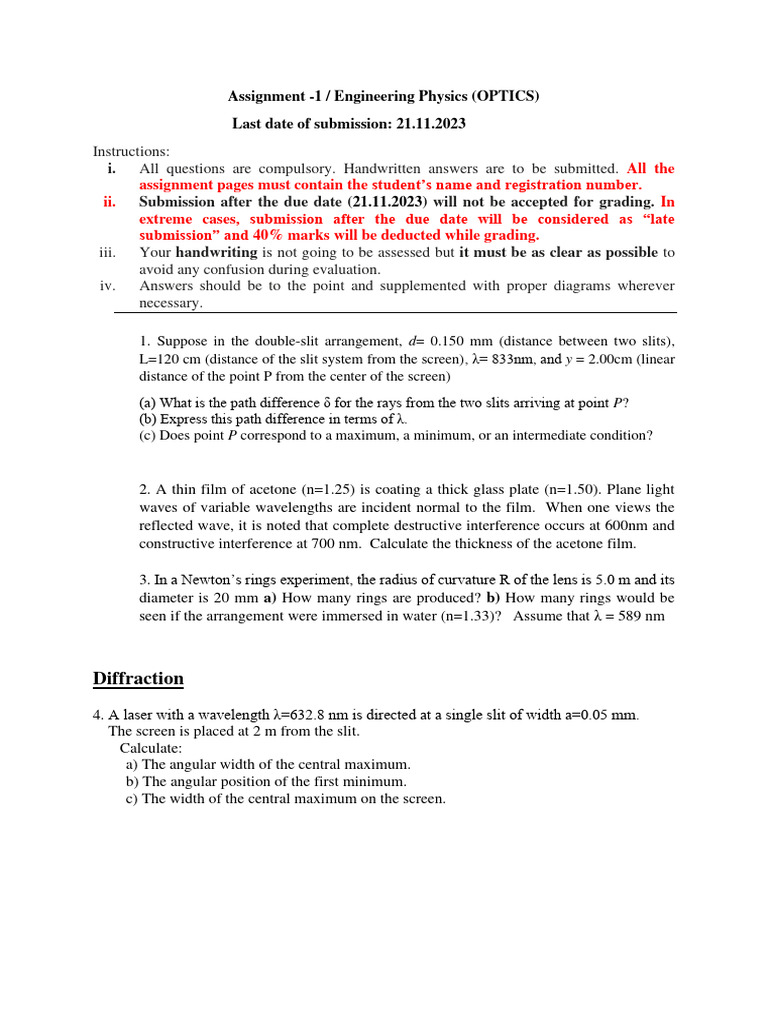 Assignment 1 (Optics) Engineering Physics | PDF | Diffraction | Wavelength
