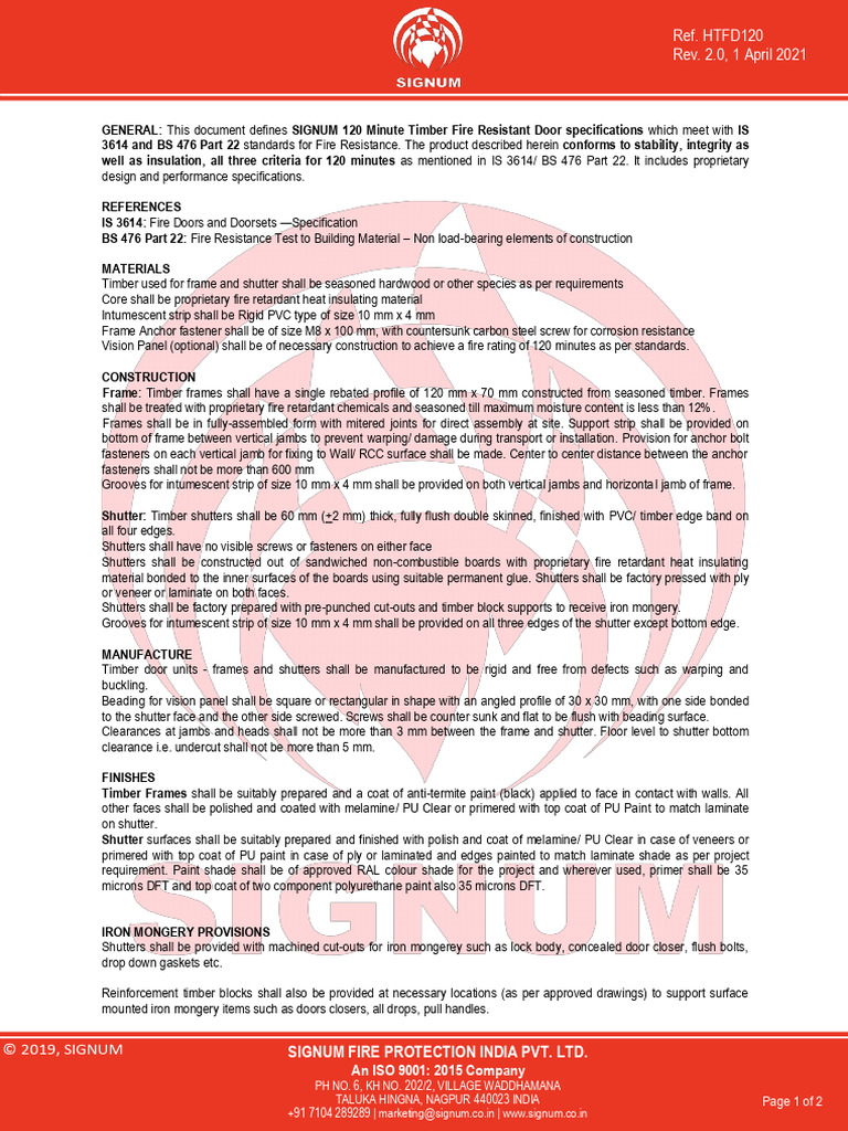 Signum 120 Minutes Timber Door Specifications HTFD120 | PDF | Door | Screw
