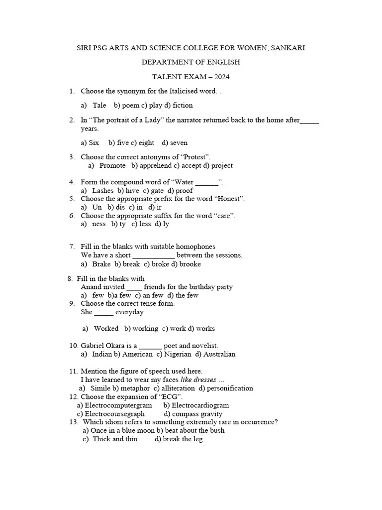 TALENT EXAM - English | PDF | Verb | Human Communication