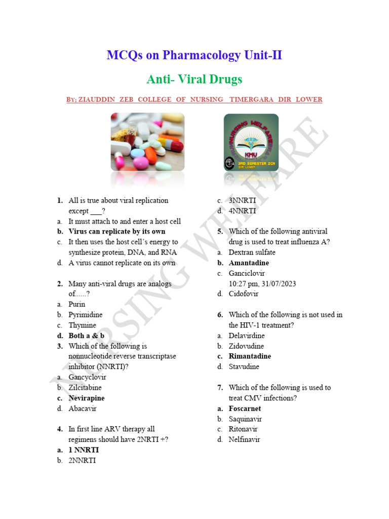 MCQs of Pharmacology Unit-2 (D) Anti-Viral Drugs | PDF | Antiviral Drug ...