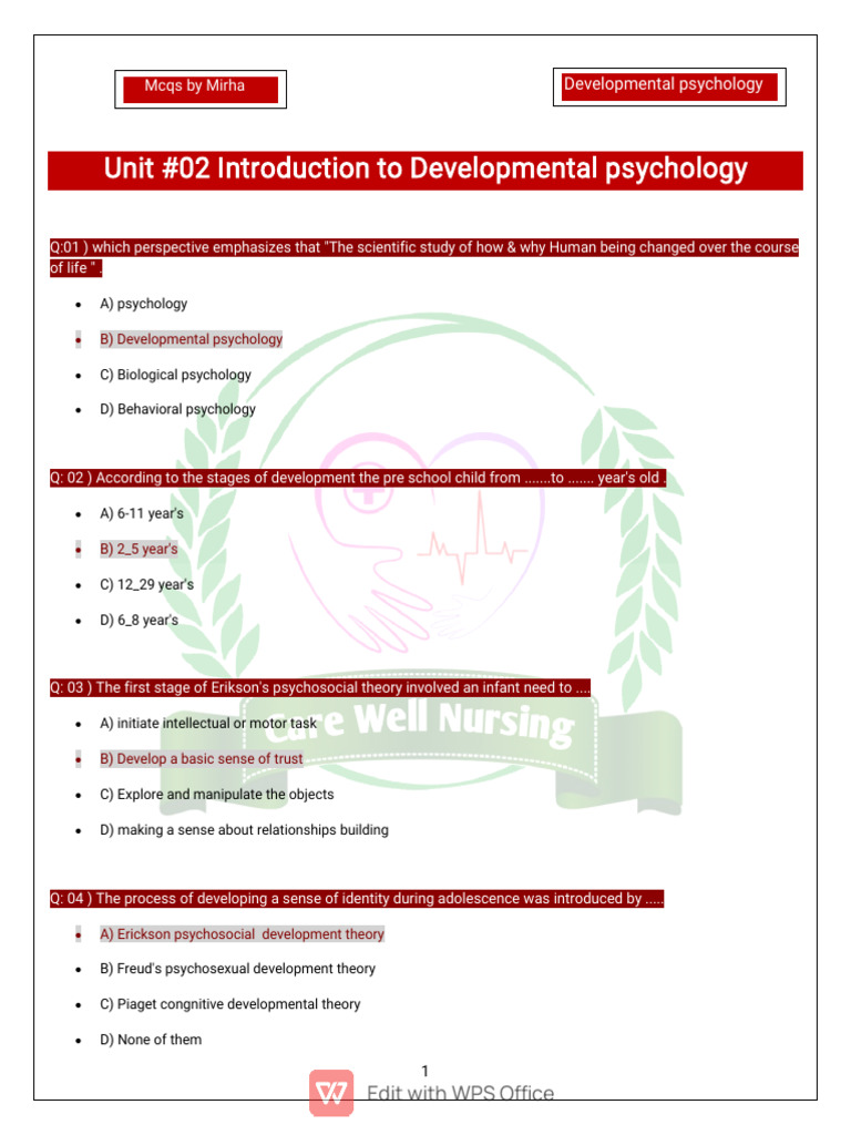 Unit#02 Introduction To Psychology MCqs Provided by Mirha | PDF | Developmental Psychology ...