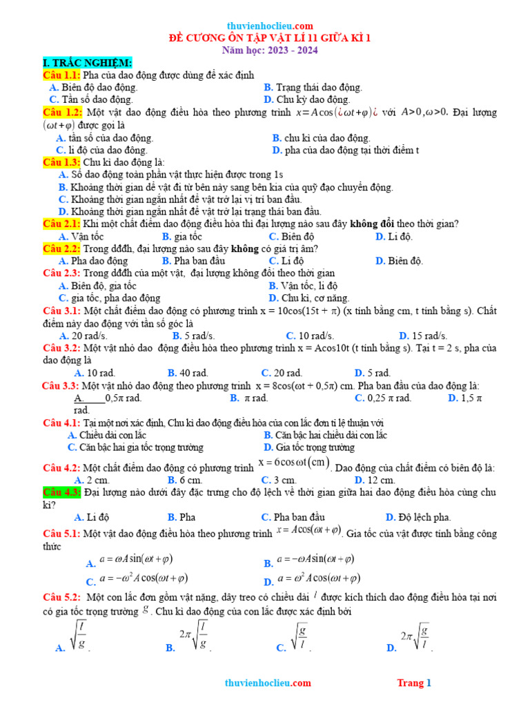 De Cuong On Tap Giua HK1 Vat Li 11 KNTT Hay 1 | PDF