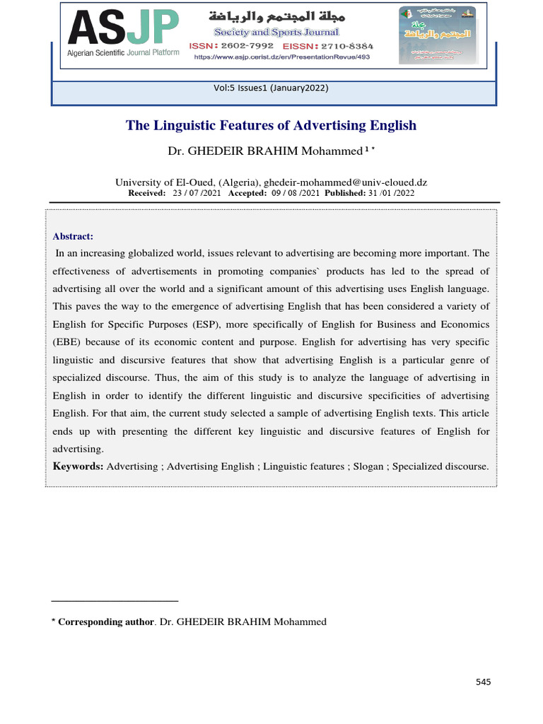 Linguistic Features of Advertising English | PDF