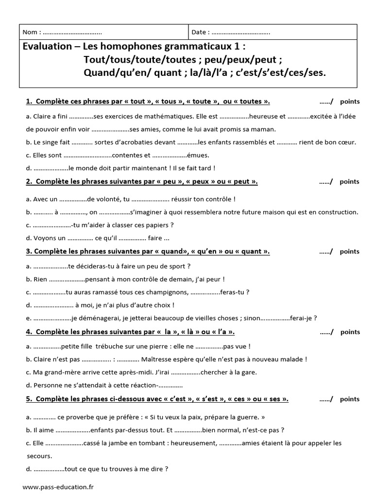 Exercices sur les homophones à imprimer | PDF | Sports et loisirs ...
