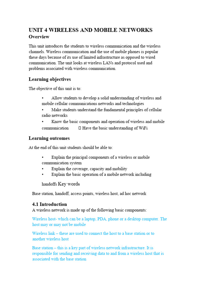 Unit 4 Wireless and Mobile Networks | PDF | Wireless Lan | Computer Network