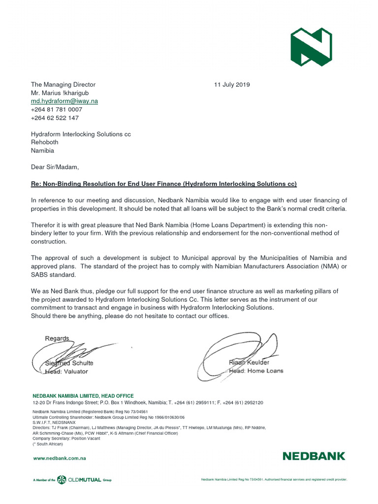 Nedbank - Hydraform Bond Provisional Approval Letter | PDF