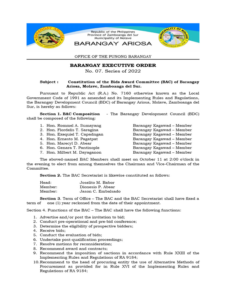 BAC EXECUTIVE ORDER 2022 | PDF | Procurement | Government BAC EXECUTIVE ORDER 2022 | PDF | Procurement | Government