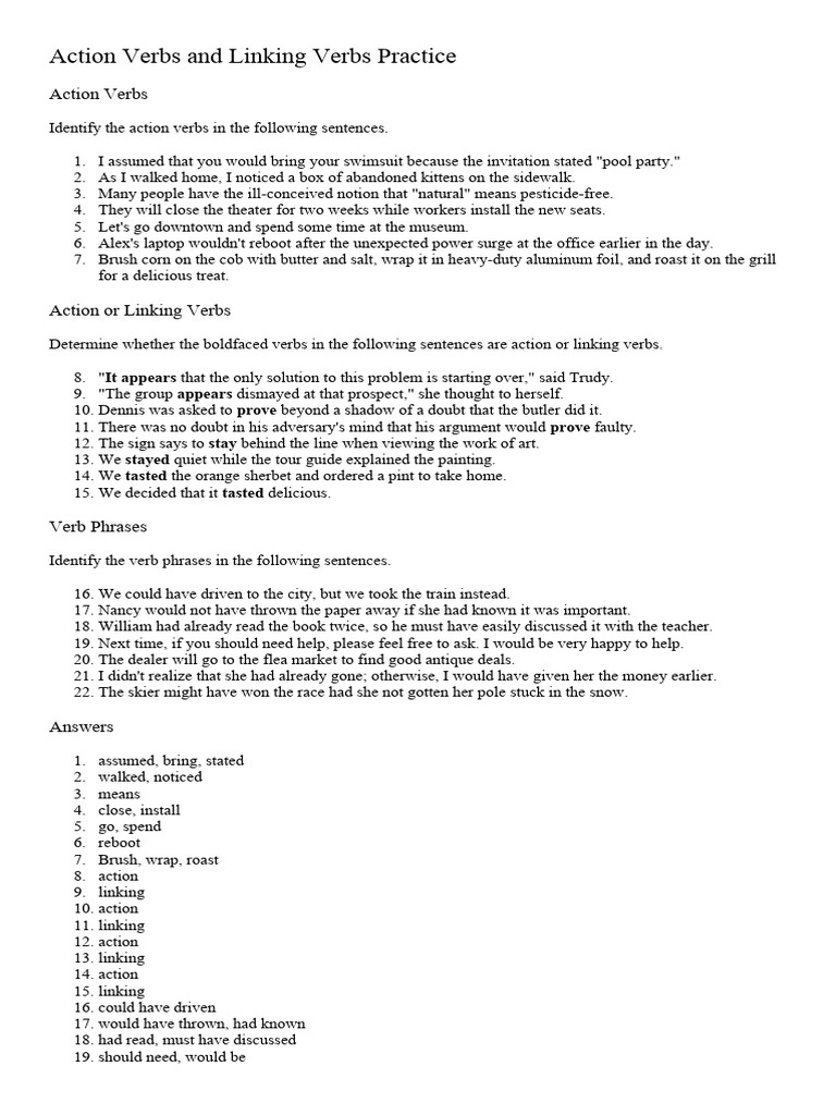 Action Verbs and Linking Verbs Practice | PDF | Verb