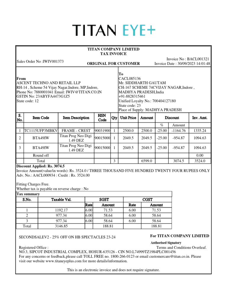 In Voice 13951918552107511808 | PDF | Invoice | Glasses