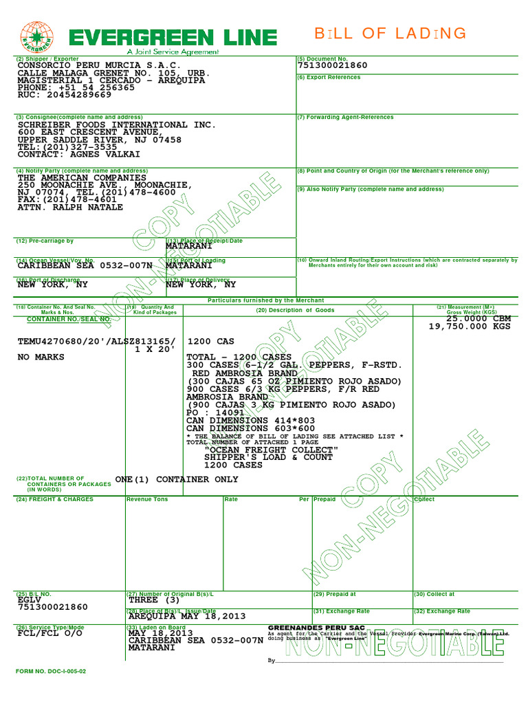 Bill of Lading - Modelo | PDF | Cargo | Bill Of Lading