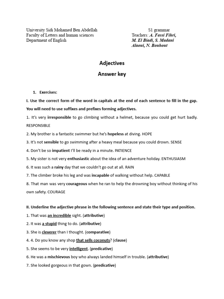 Adjectives - Answer Key | PDF | Adjective | Human Communication