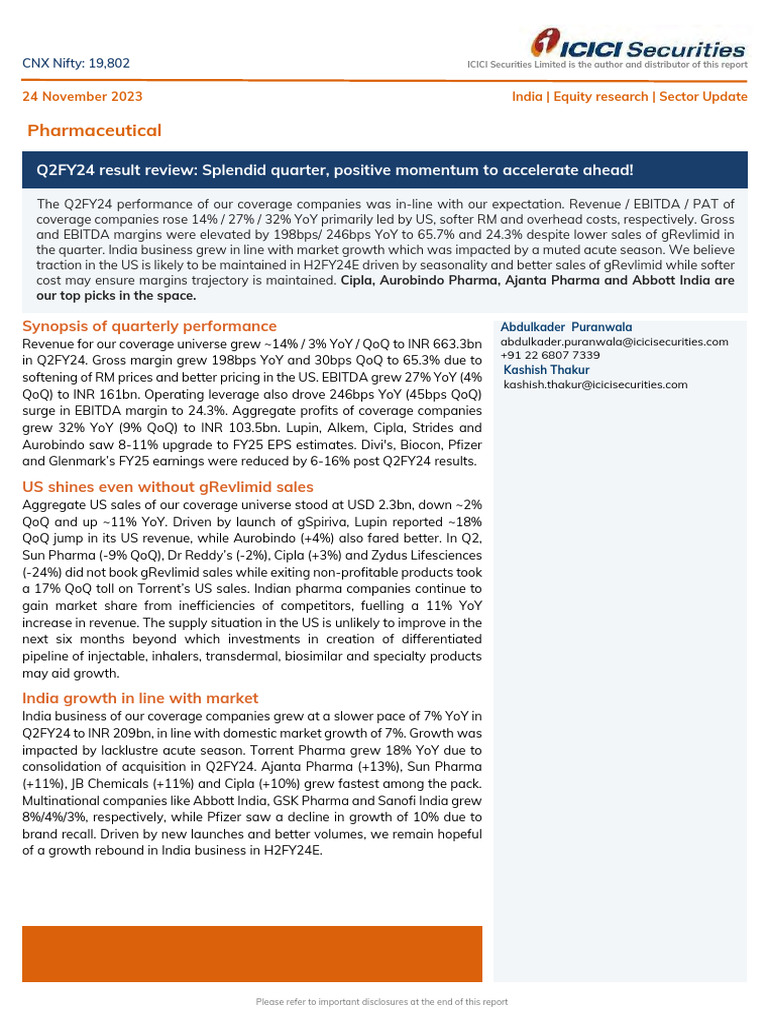 ICICI Securities Update On Pharmaceutical Q2FY24 Result Review | PDF | Pharmaceutical Industry ...