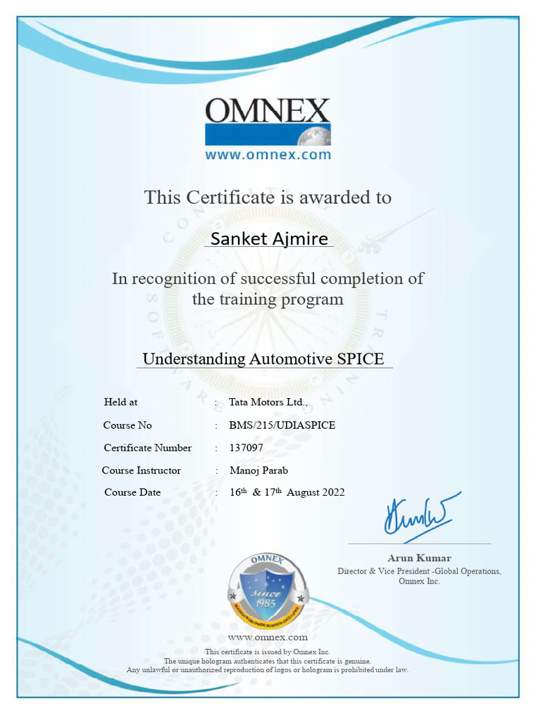 Certificate For Training On Automotive-SPICE | PDF | Technology ...
