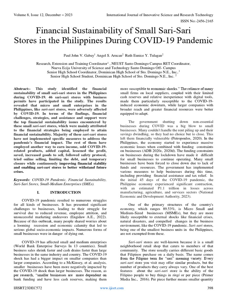 Financial Sustainability of Small Sari‐Sari Stores in the Philippines During COVID‐19 Pandemic ...