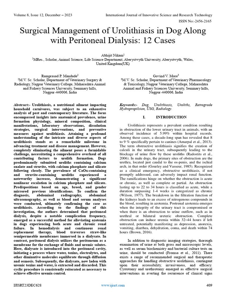 Surgical Management of Urolithiasis in Dog Along With Peritoneal ...