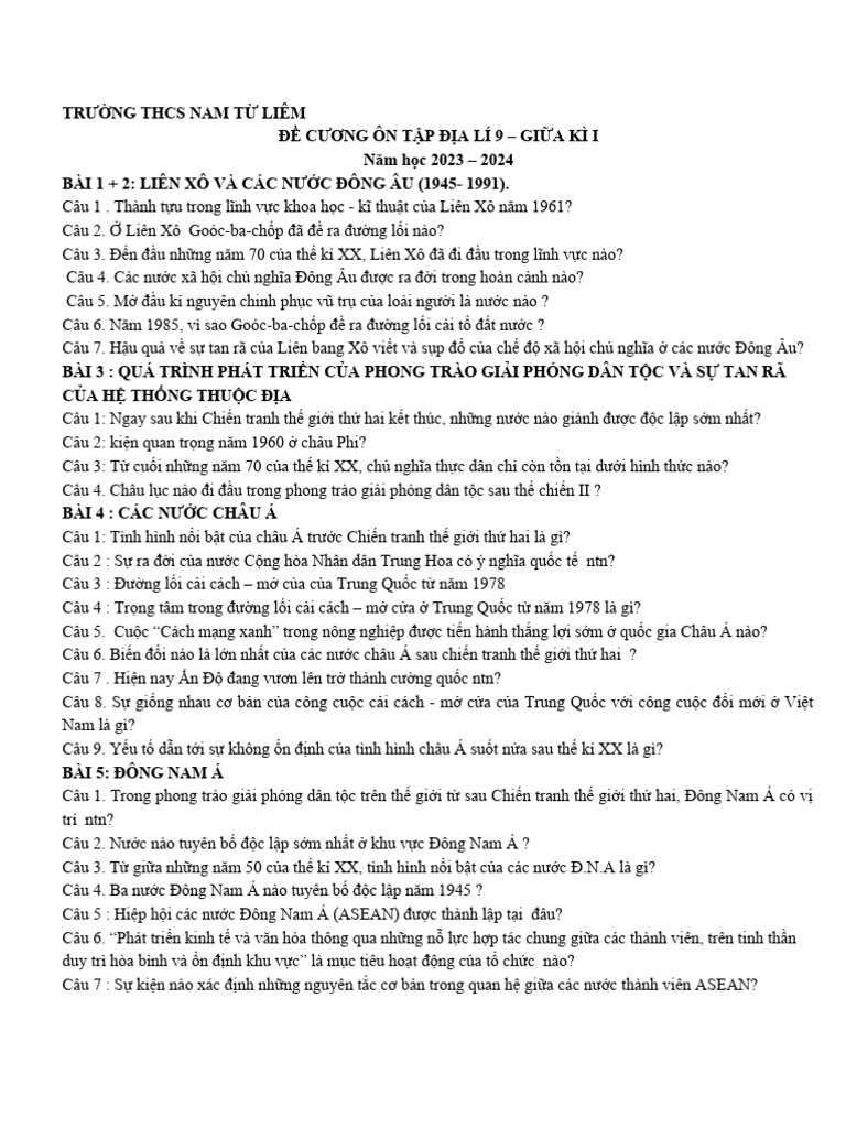 Sử 9. ĐỀ CƯƠNG ÔN TẬP GHK 1-LS9 - HS.Trà | PDF