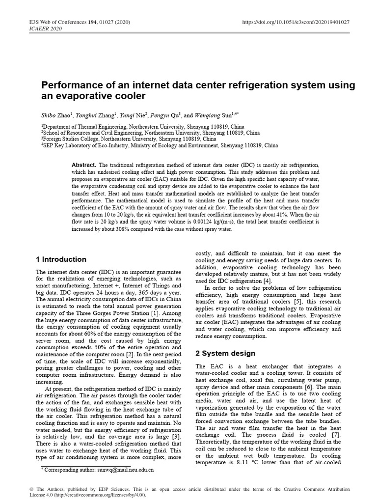 Shibo Zhao - Refrigeration System Using Evaporative Cooler | PDF | Heat Transfer | Heat Exchanger