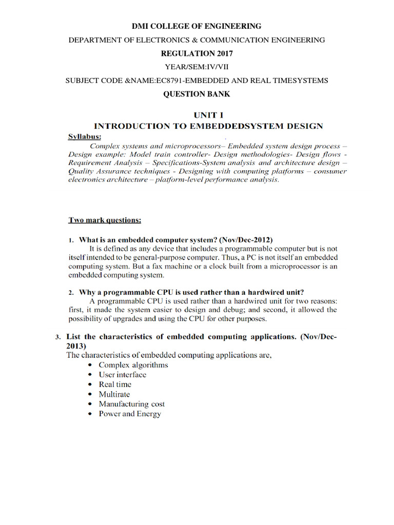 Ec8791 Embedded and Real Time Systems IV Year Vii Sem Part A B ...