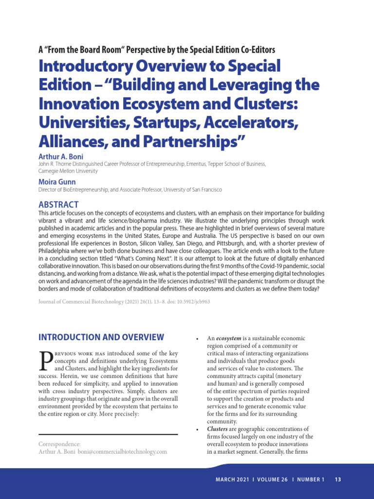 Building and Leveraging The Innovation Ecosystem and Clusters - Universities, Startups ...