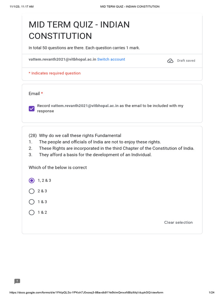Mid Term Quiz - Indian Constitution | PDF | Constitution | Government Of India