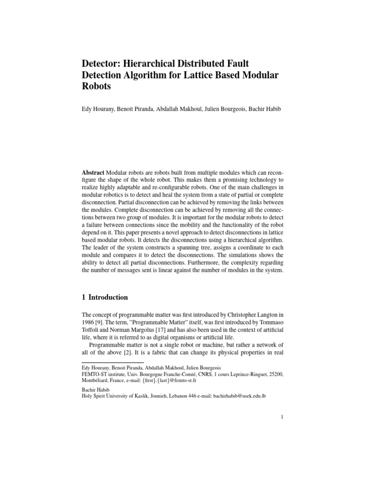 Detector Hierarchical Distributed Fault Detection Algorithm For Lattice Based Modular Robots 