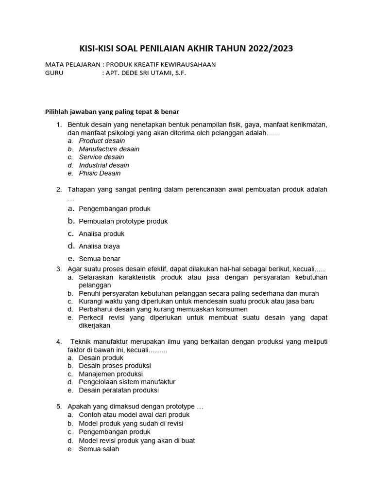 Kisi-Kisi Soal Pat PKK Xi Genap 2023 | PDF