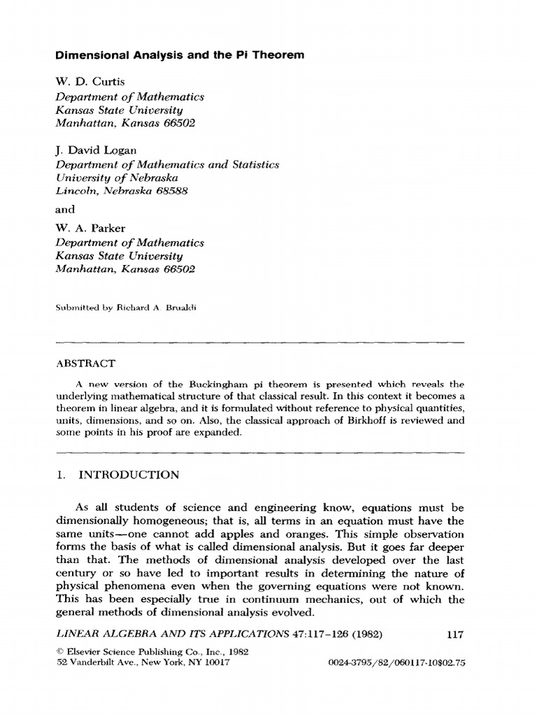 Dimensional Analysis And The Pi Theorem By Curtis1982 Pdf
