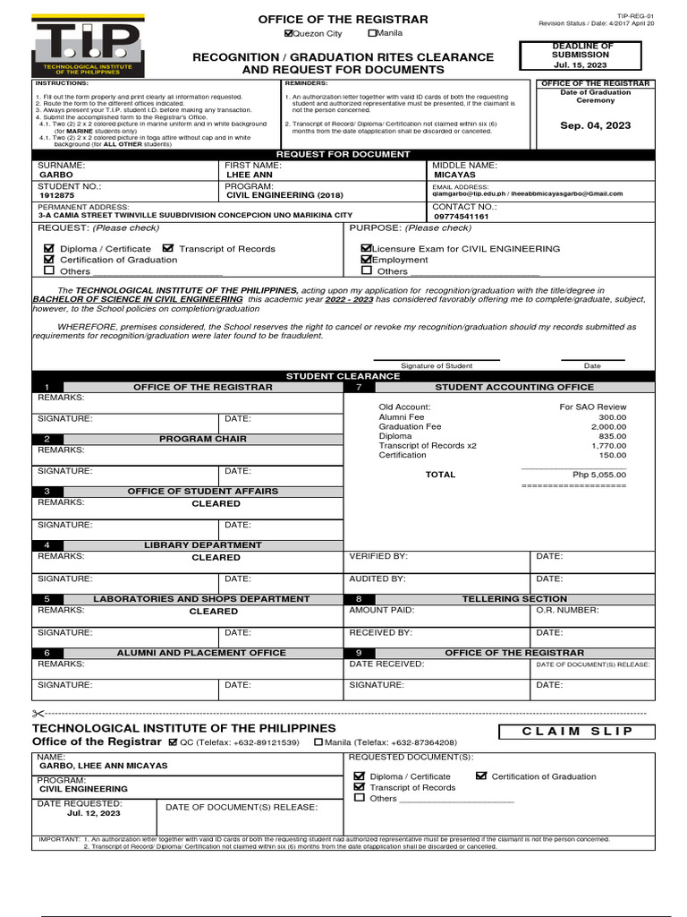 Graduation Clearance Instructions | PDF | Identity Document