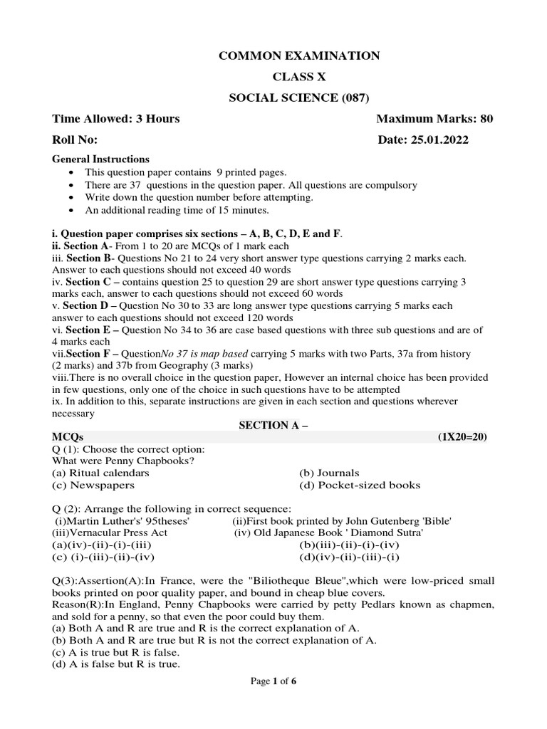 Class 10 Social Science Exam Paper 2022 | PDF | Economies