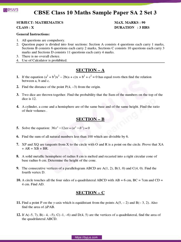 CBSE Sample Paper For Class 10 Maths SA 2 Set 3 | PDF | Circle | Area