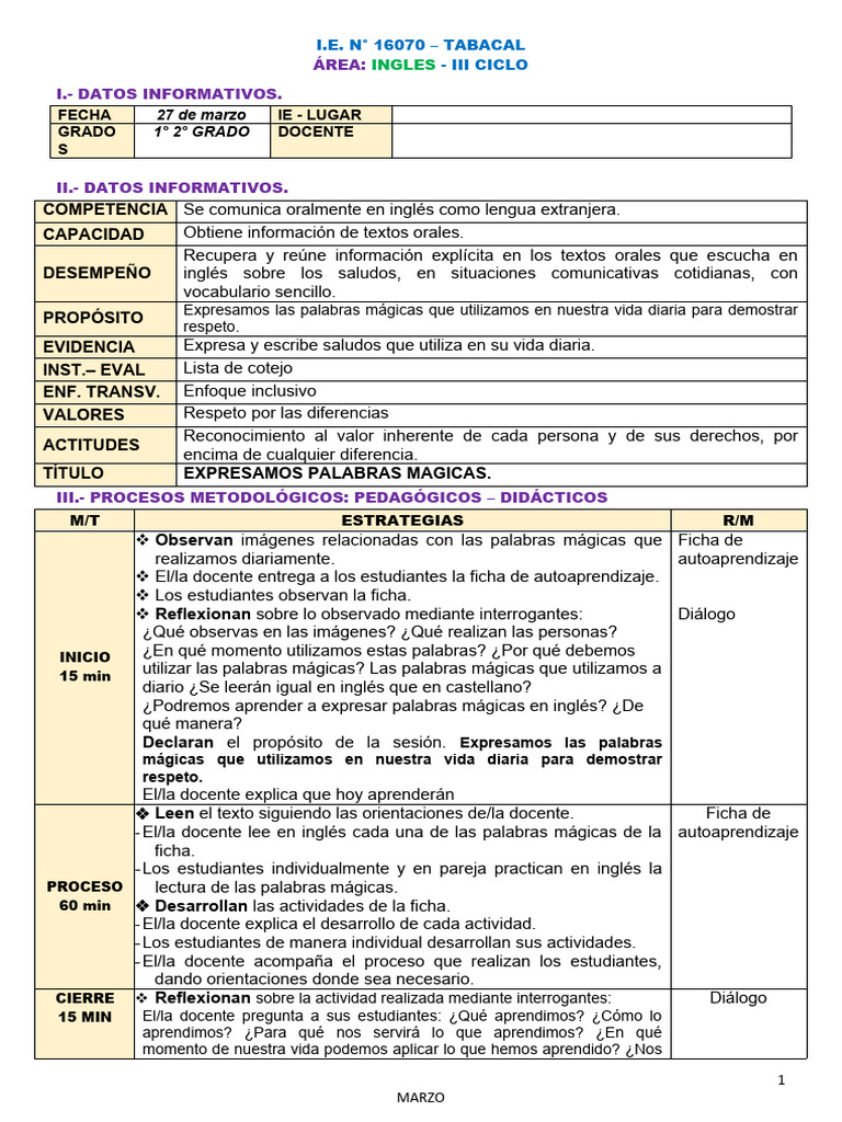 Iii-1g-Inglés - Palabras Magicas - Sesión | PDF | Idioma en Inglés ...
