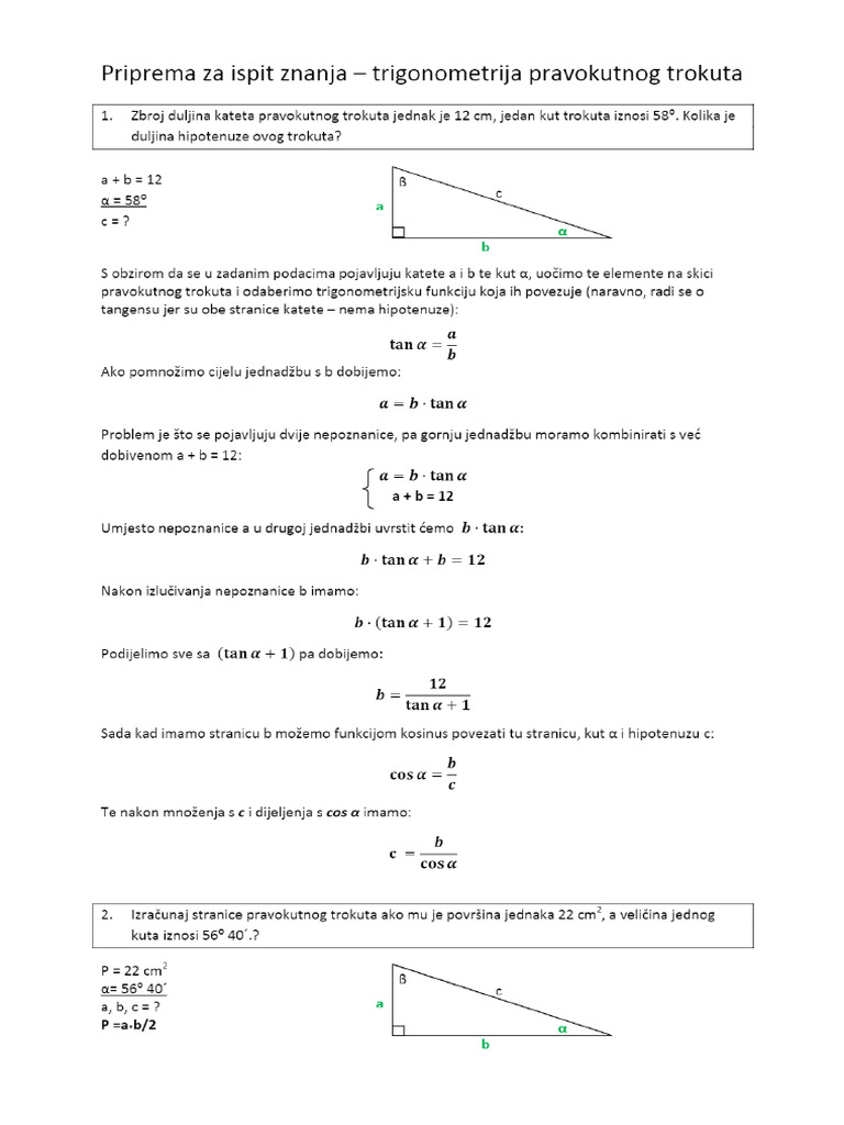 Priprema Za Ispit Znanja Trigonometrija Pravokutnog Trokuta | PDF
