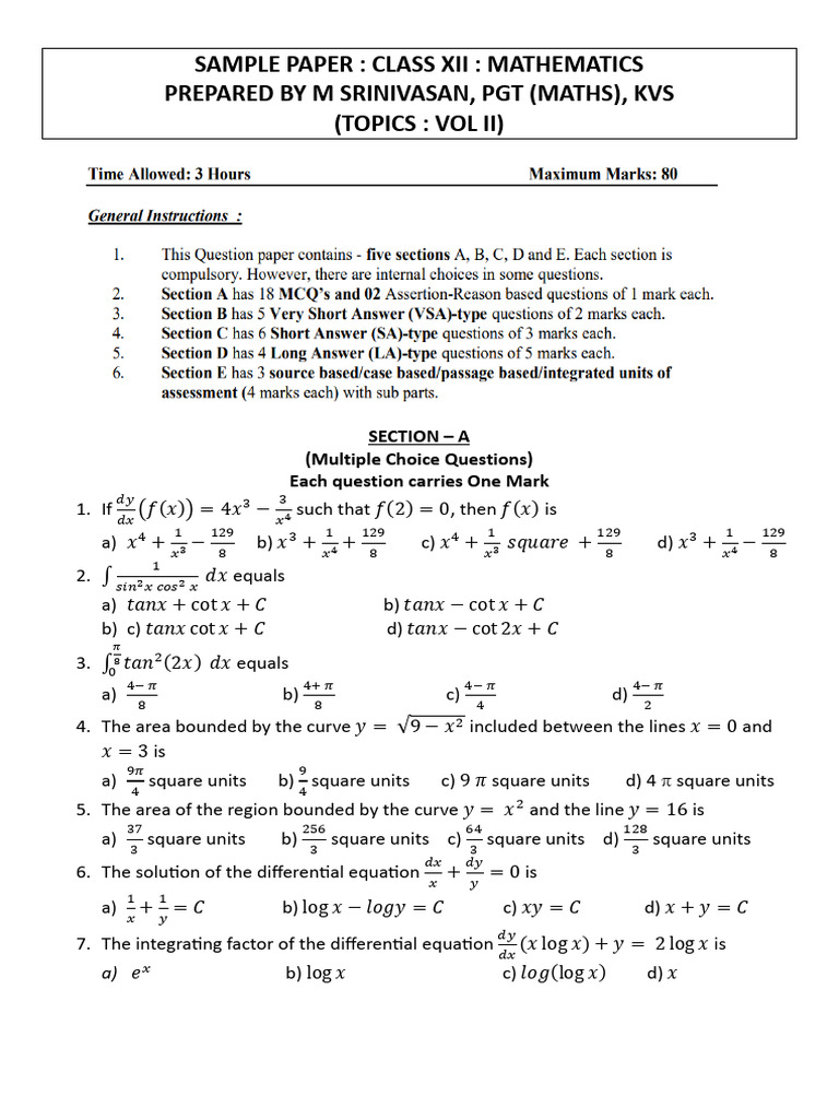 Class Xii Maths Sample Paper - Vol Ii | PDF Class Xii Maths Sample Paper - Vol Ii | PDF