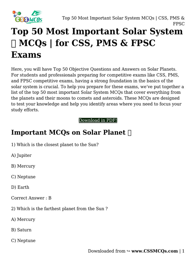 Top 50 Solar System MCQs for Exams | PDF | Planets | Solar System