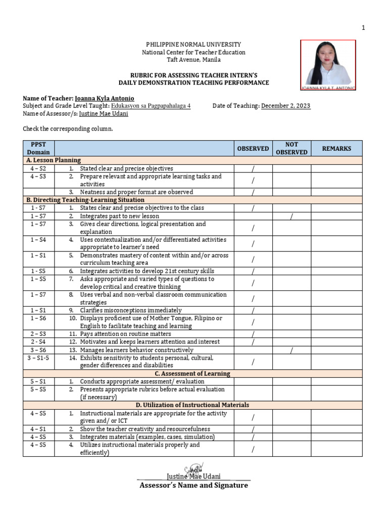 Form-2-Antonio-Fiesta-Teaching-Rubric 1 | PDF | Learning | Teachers
