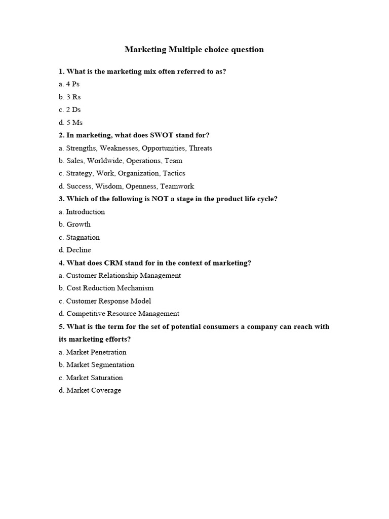 Marketing Multiple Choice Question | PDF