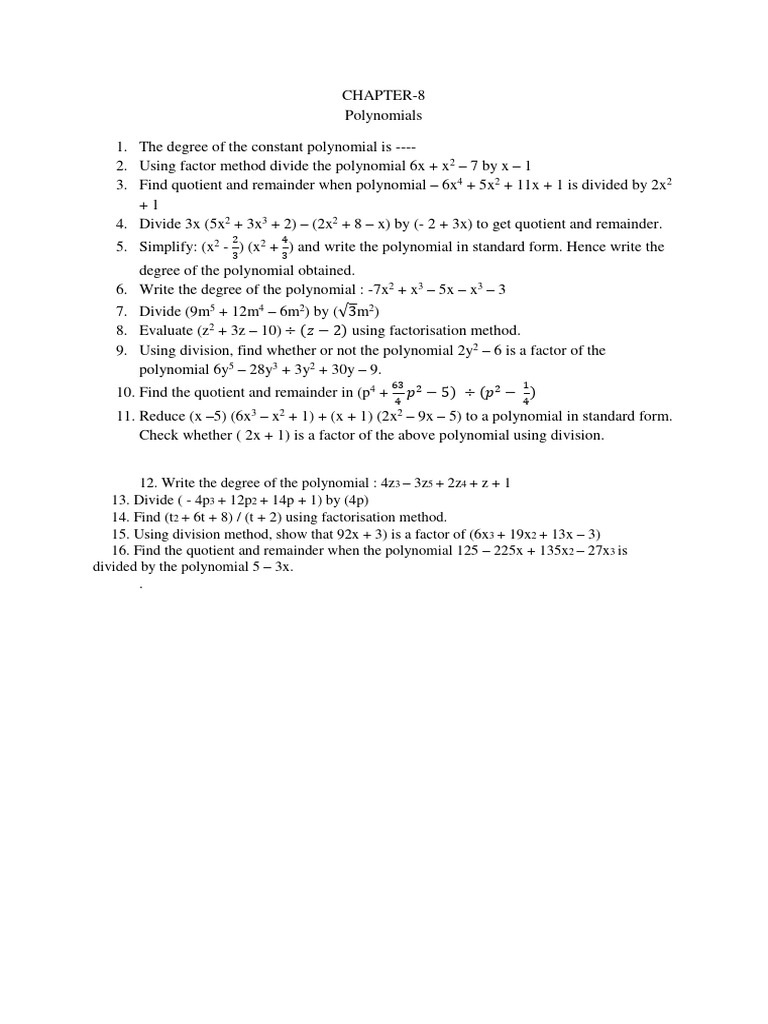 Division of Polynomials and Quotients | PDF