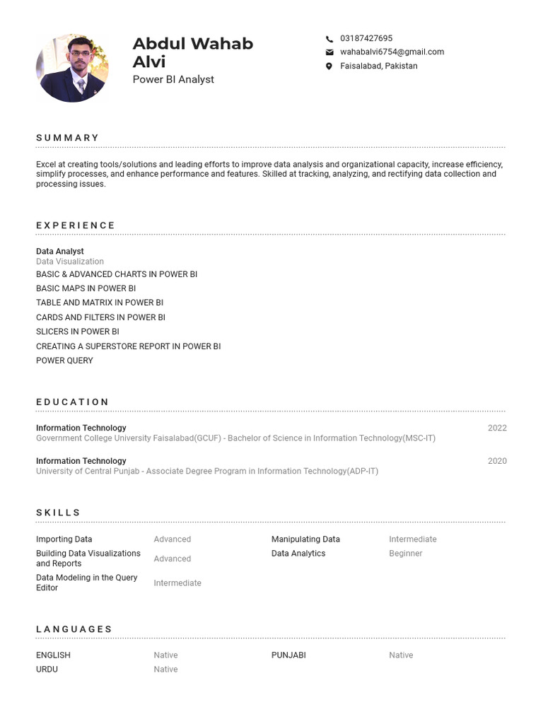 Power BI Analyst Resume of Abdul Wahab | PDF