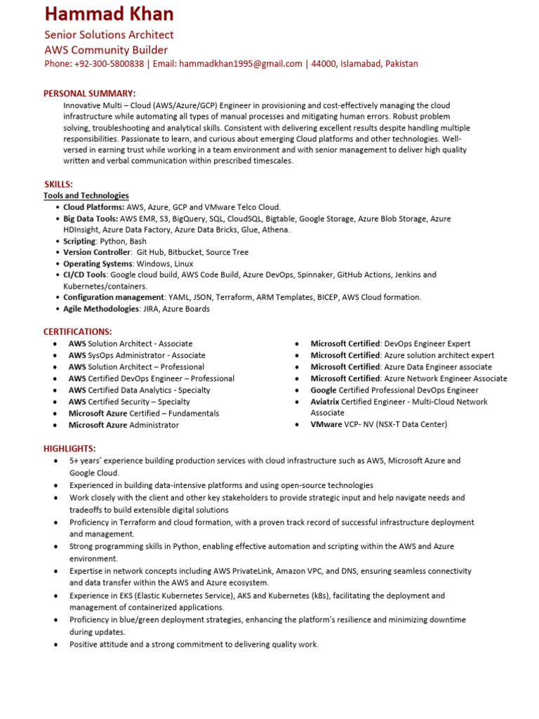 Hammad Khan's CV | PDF | Cloud Computing | Amazon Web Services