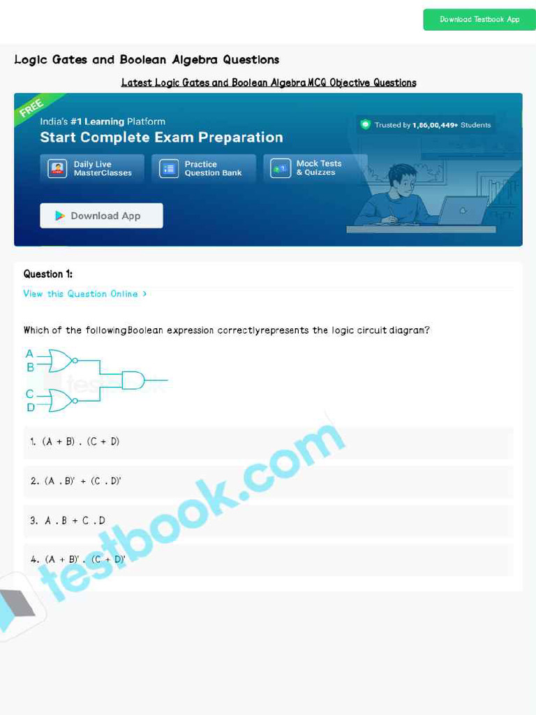 MCQ On Logic Gates and Boolean Algebra 5eea6a0d39140f30f369e1ed | PDF