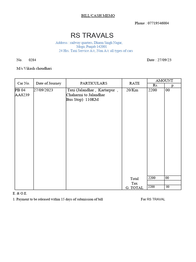 Raj Tour Travels Reciept Format | PDF | Service Industries | Transport